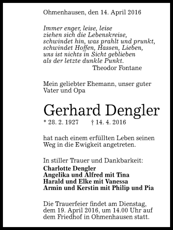 Traueranzeigen von Gerhard Dengler | trauer.gea.de
