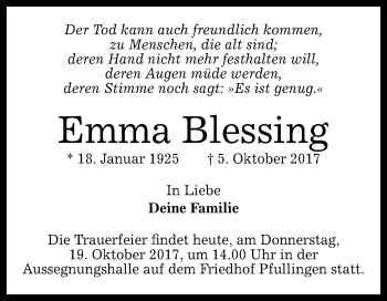 Traueranzeigen von Emma Blessing | trauer.gea.de