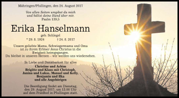 Traueranzeigen von Erika Hanselmann | trauer.gea.de