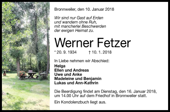 Traueranzeigen von Werner Fetzer | trauer.gea.de
