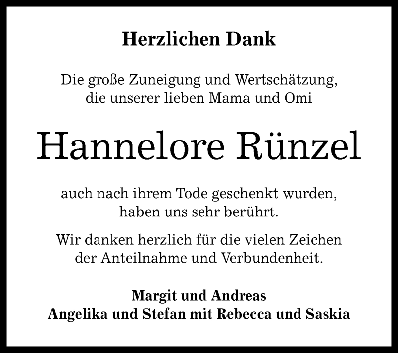 Traueranzeigen von Hannelore Rünzel | trauer.gea.de