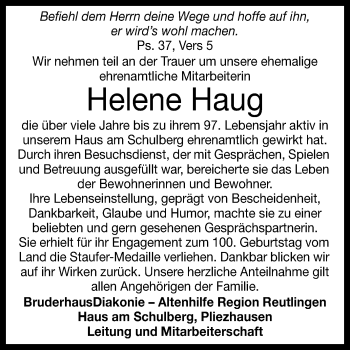 Traueranzeigen von Helene Haug | trauer.gea.de