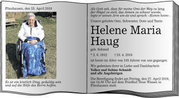 Traueranzeigen von Helene Maria Haug | trauer.gea.de