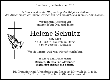 Traueranzeigen von Helene Schultz | trauer.gea.de