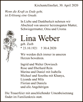 Traueranzeigen von Lina Weber | trauer.gea.de