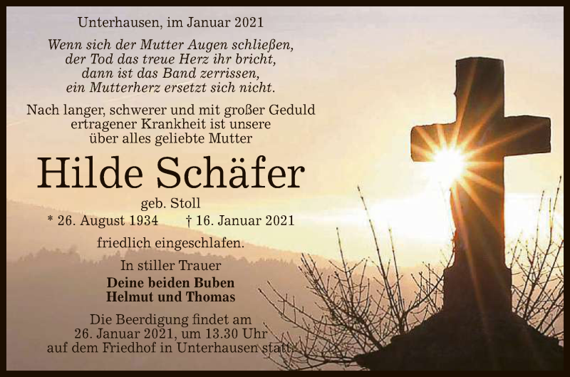 Traueranzeigen von Hilde Schäfer | trauer.gea.de