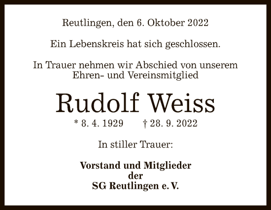 Traueranzeigen von Rudolf Weiss | trauer.gea.de