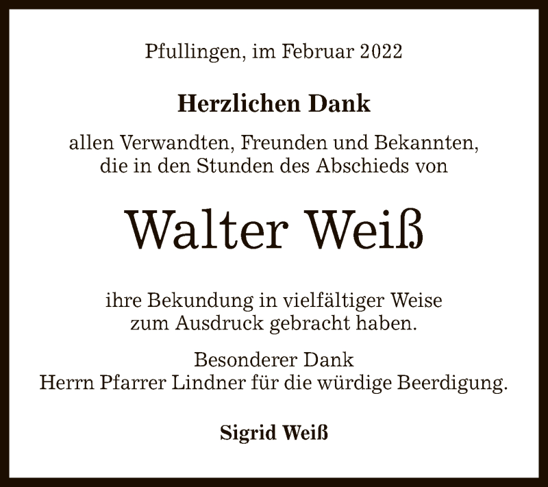 Traueranzeigen von Walter Weiß | trauer.gea.de