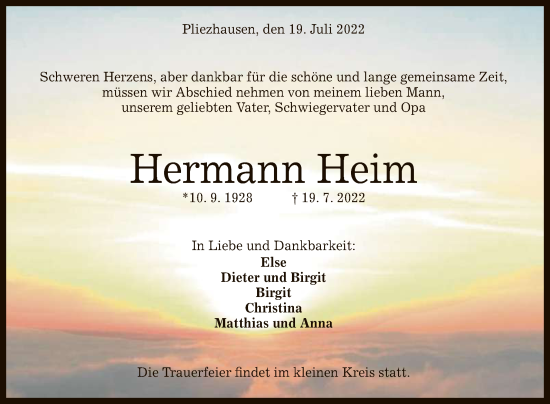 Traueranzeigen von Hermann Heim | trauer.gea.de
