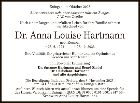 Traueranzeigen von Anna Louise Hartmann | trauer.gea.de