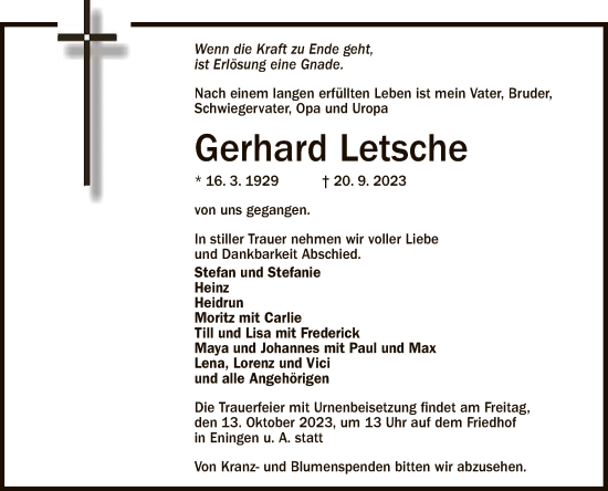 Traueranzeigen von Gerhard Letsche | trauer.gea.de