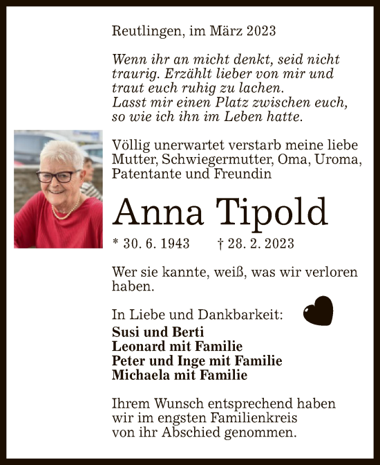 Traueranzeigen von Anna Tipold | trauer.gea.de