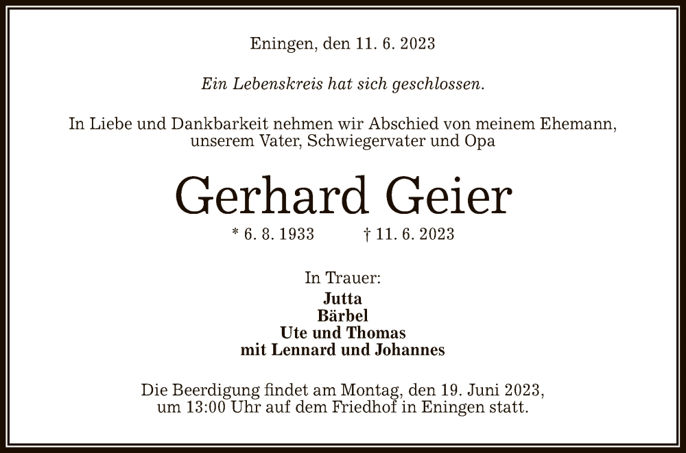 Traueranzeigen von Gerhard Geier | trauer.gea.de
