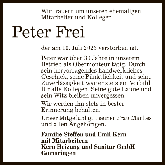 Traueranzeigen von Peter Frei | trauer.gea.de