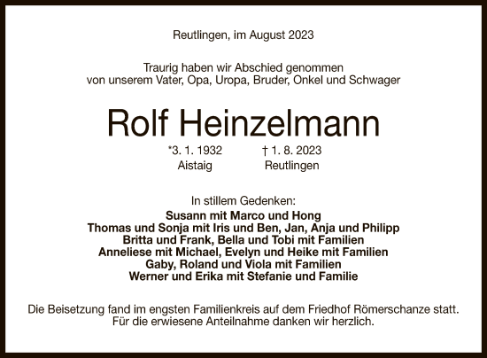 Traueranzeigen von Rolf Heinzelmann | trauer.gea.de