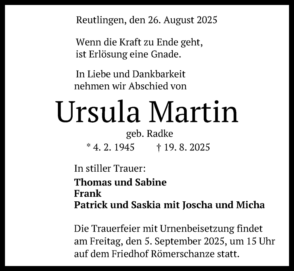 Traueranzeigen von Ursula Martin | trauer.gea.de